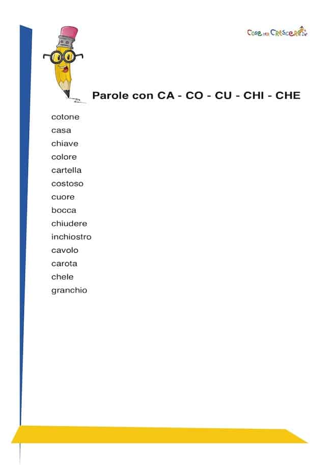 Lista di Parole con Ca-Co-Cu-Chi-Che regole e dettati per Bambini